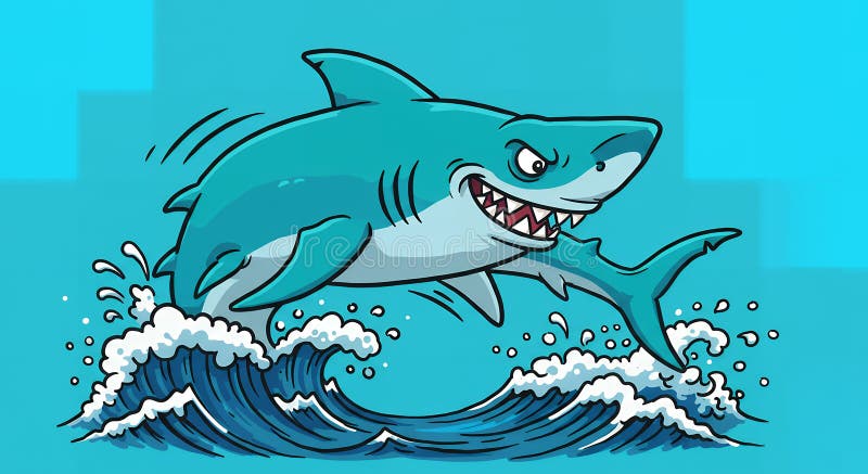 Cartoon Shark Clipart Leaping from Stylized Ocean Waves Stock ...