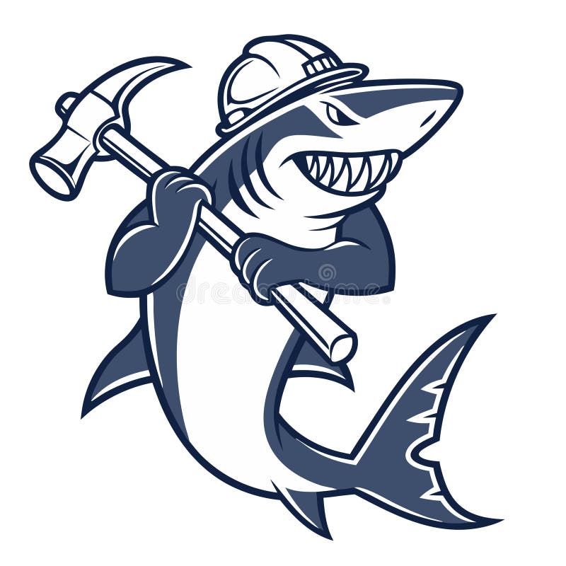 Cartoon Shark Construction Worker Vector with Hammer for Creative Design Projects Stock ...
