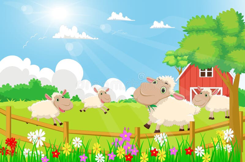 Cartoon Sheep with a Farm Scenery Stock Vector - Illustration of mammal ...