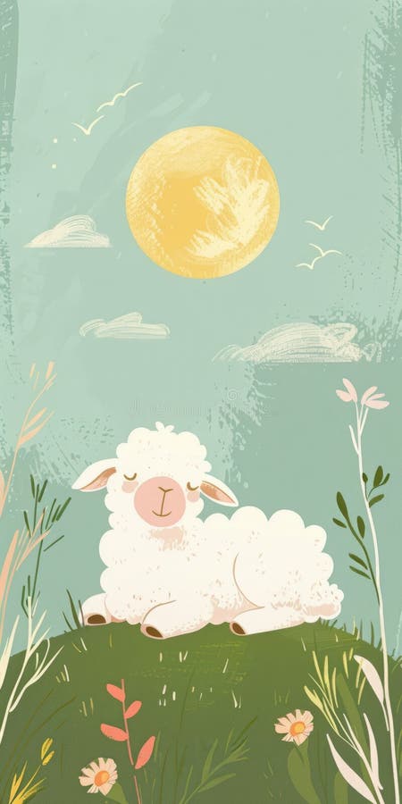 A Cartoon Sheep is Laying on a Grassy Hillside with a Sun Stock ...