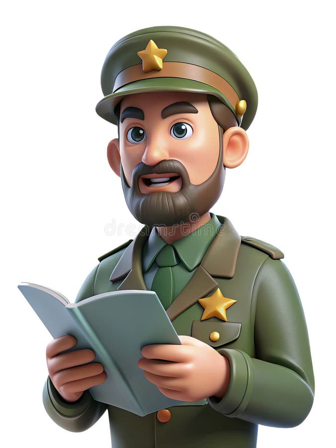Cartoon Sheriff Reading Book with Enthusiastic Expression in Uniform ...