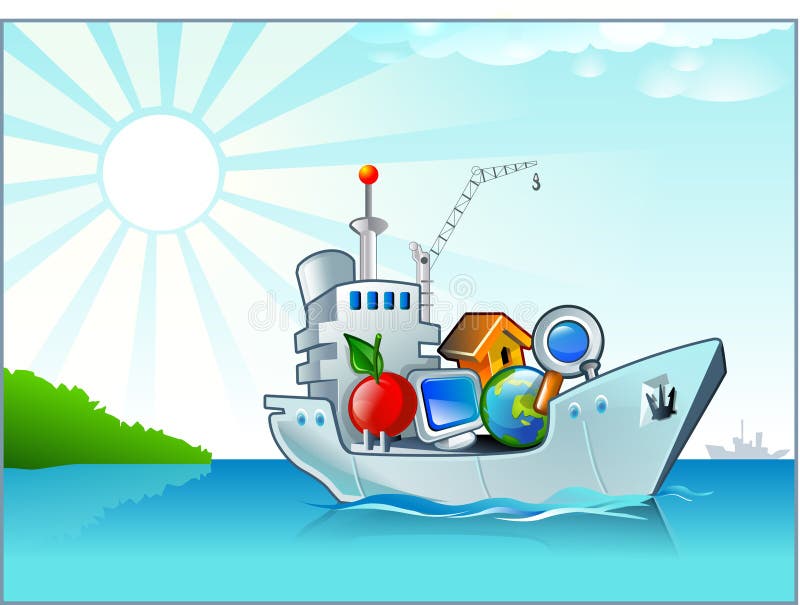 Cartoon Ship with Some Icons Stock Illustration - Illustration of load ...