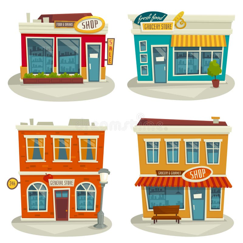 Cartoon Shop Building Set Isolated on White, Vector Illustration Stock ...