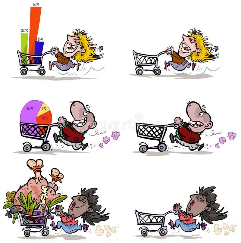 Cartoon Shoppers with Empty Carts and Statistics Stock Vector ...