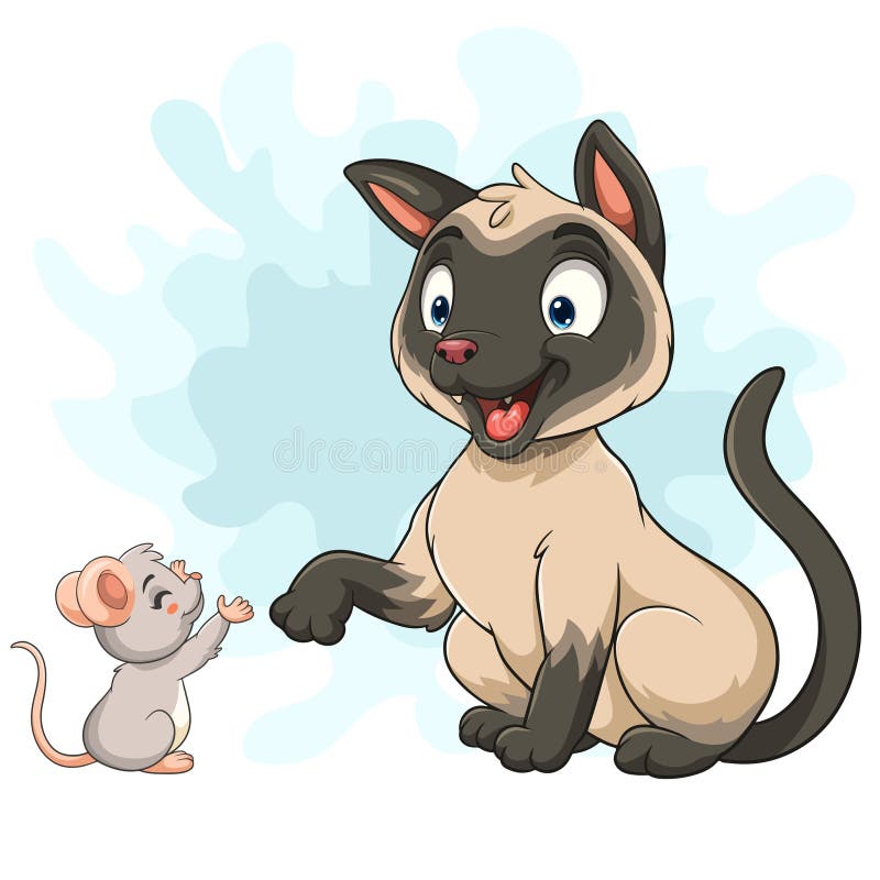 Cartoon Siamese Cat and Little Mouse Playing Together Stock Vector ...