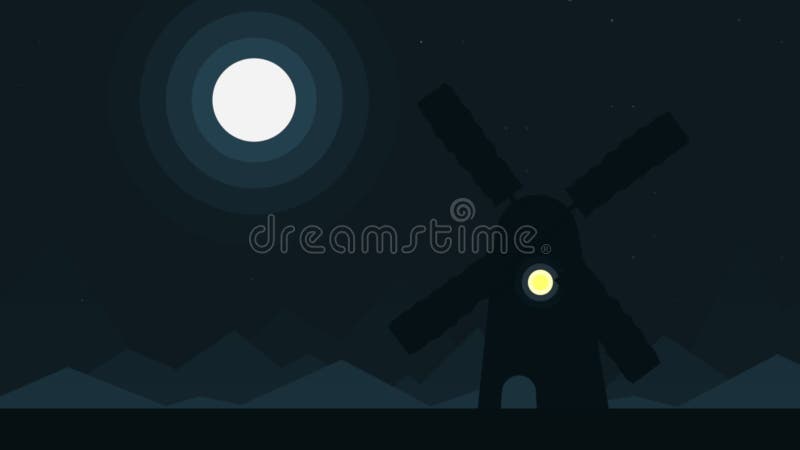 Cartoon Silhouette of a Windmill at Full Moon Night, Loopable Cartoon ...