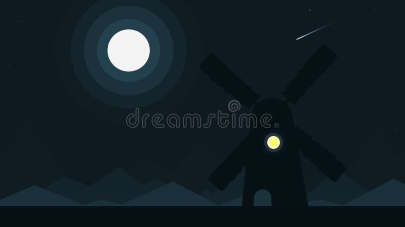 Cartoon Silhouette of a Windmill at Full Moon Night, Cartoon ...