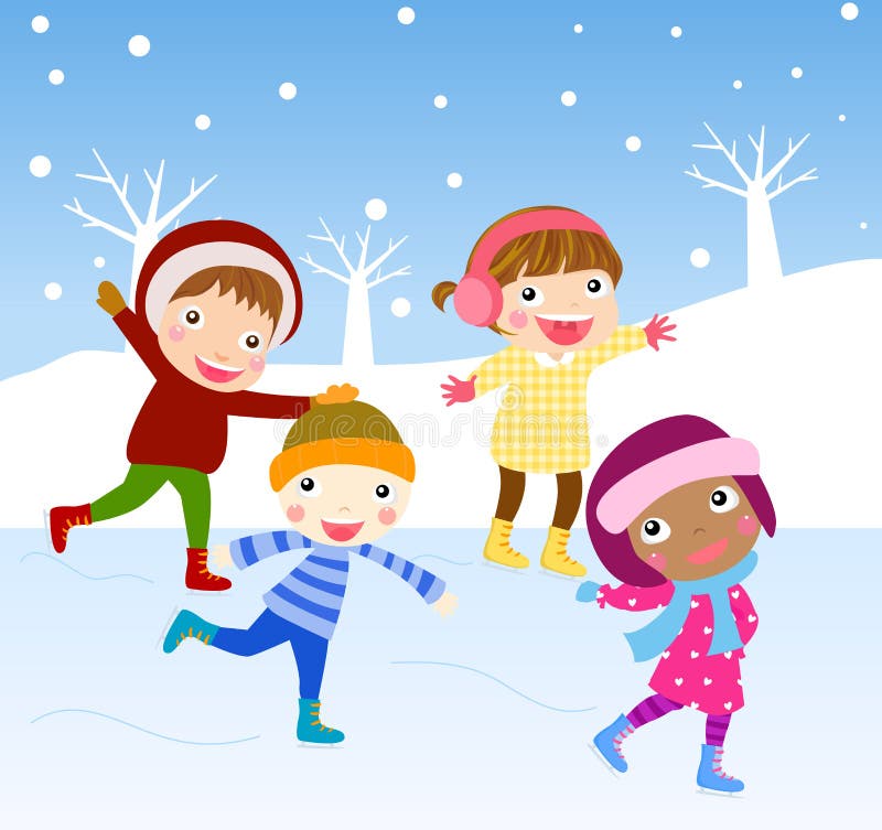 Kids Ice skating in nature stock vector. Illustration of cold - 35590905