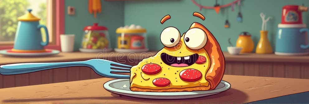 Cartoon Slice of Pizza with Pepperoni in a Colorful Kitchen Stock ...