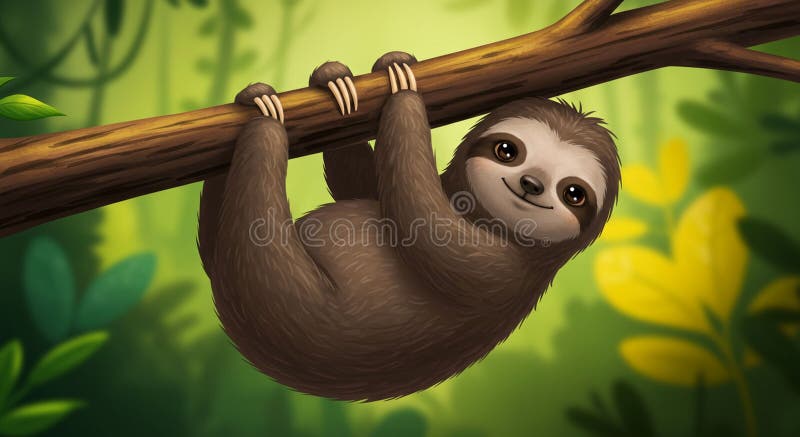 A Cartoon Sloth Hangs from a Tree Branch Using Its Long, Curved Claws ...