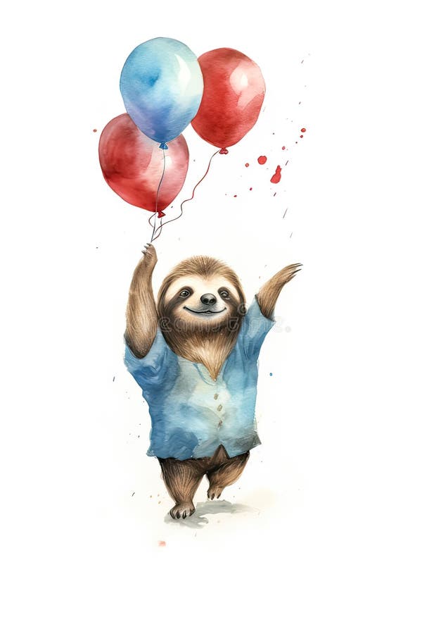 A Cartoon of a Sloth Holding Three Balloons Stock Illustration ...