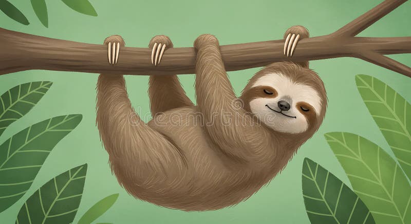 A Cartoon Sloth with Light Brown Fur Hangs from a Tree Branch with ...