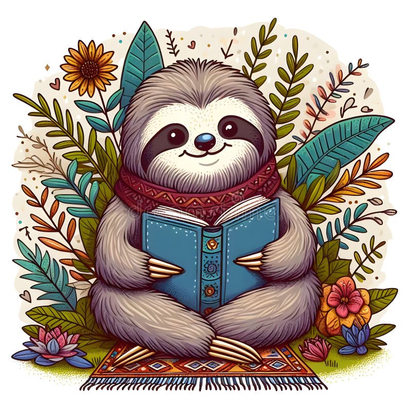 Cartoon Sloth Sitting and Reading Book Stock Illustration ...