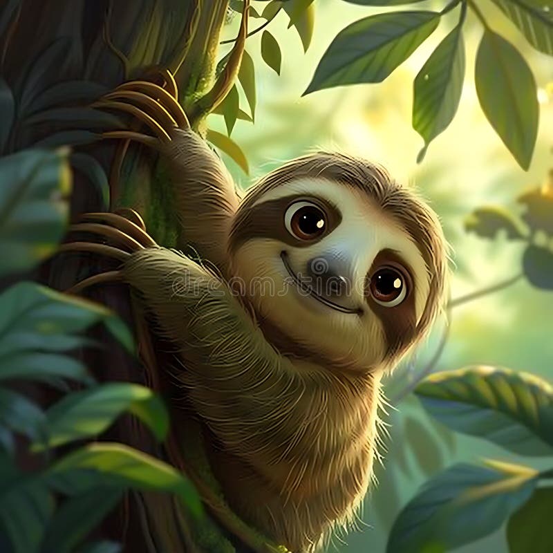 Cartoon sloth on a tree stock illustration. Illustration of tree ...