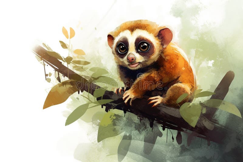 Cartoon Slow Loris on a Branch Generative AI Stock Photo - Image of ...