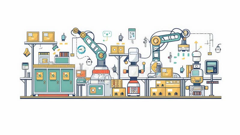 Cartoon of a Smart Factory with Robots Managing Logistics Operations ...