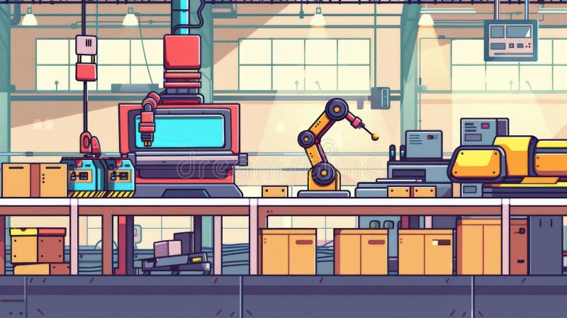 Cartoon of a Smart Factory with Robots Managing Logistics Operations ...
