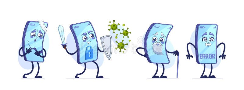 Cartoon Smartphone Characters Representing Security Concepts with ...