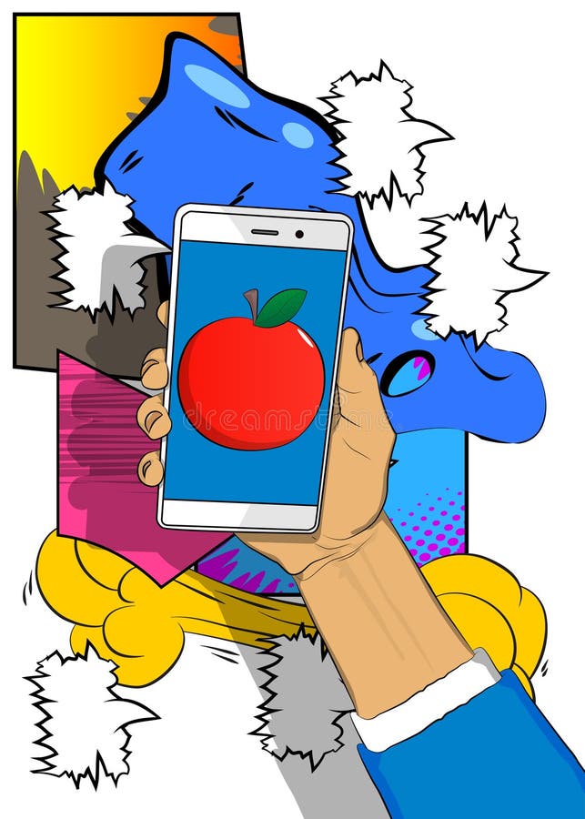 Cartoon Smartphone, Comic Book Telephone with Apple. Retro Vector ...