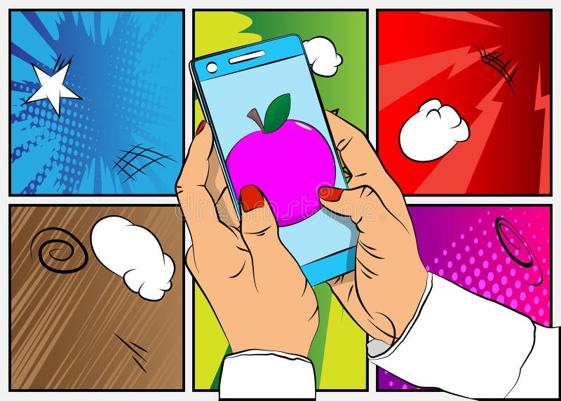 Cartoon Smartphone, Comic Book Telephone with Apple. Retro Vector ...