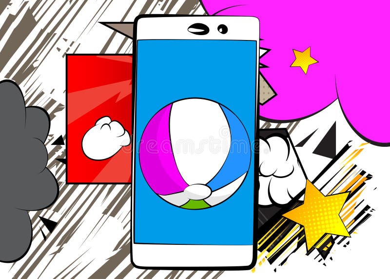 Cartoon Smartphone, Comic Book Telephone with Beach Ball. Retro Vector ...