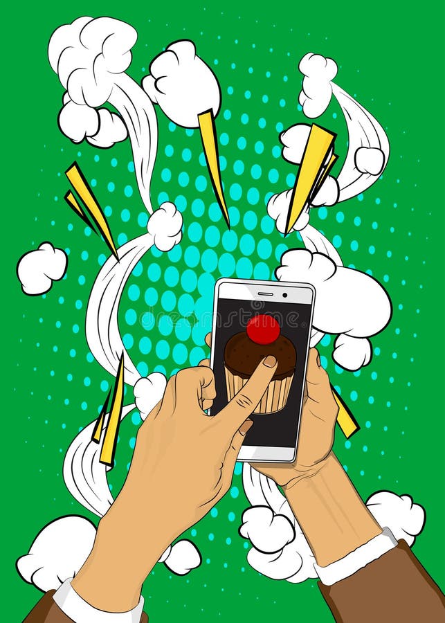 Cartoon Smartphone, Comic Book Telephone with Cupcake. Retro Vector ...