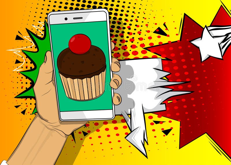 Cartoon Smartphone, Comic Book Telephone with Cupcake. Retro Vector ...
