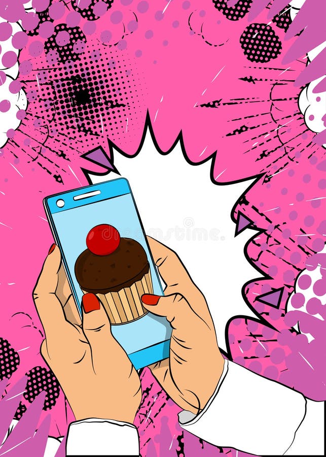 Cartoon Smartphone, Comic Book Telephone with Cupcake. Retro Vector ...