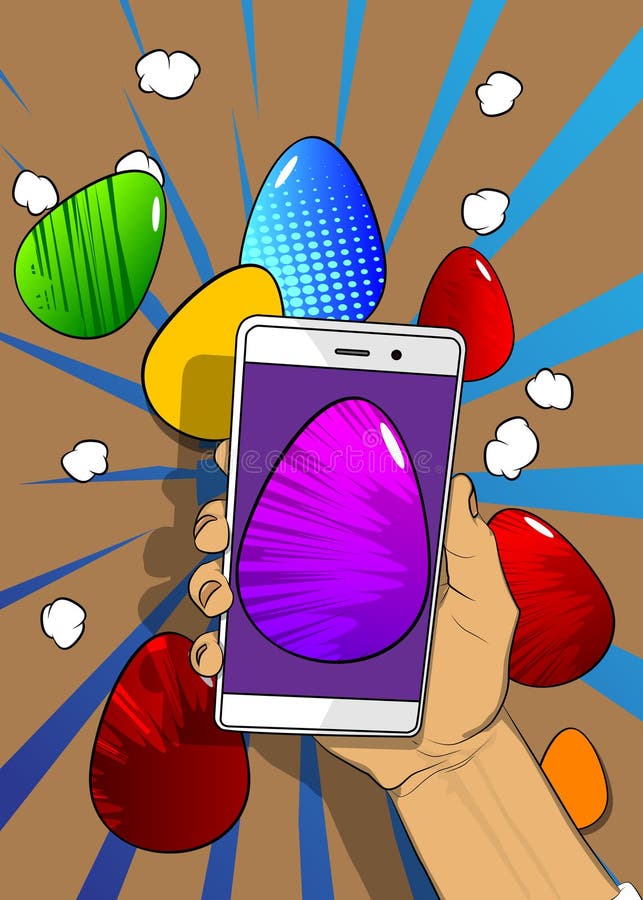 Cartoon Smartphone, Comic Book Telephone with Easter Eggs. Retro Vector ...