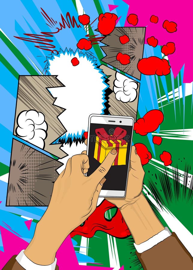 Cartoon Smartphone, Comic Book Telephone with Gift Box. Vector Comics ...