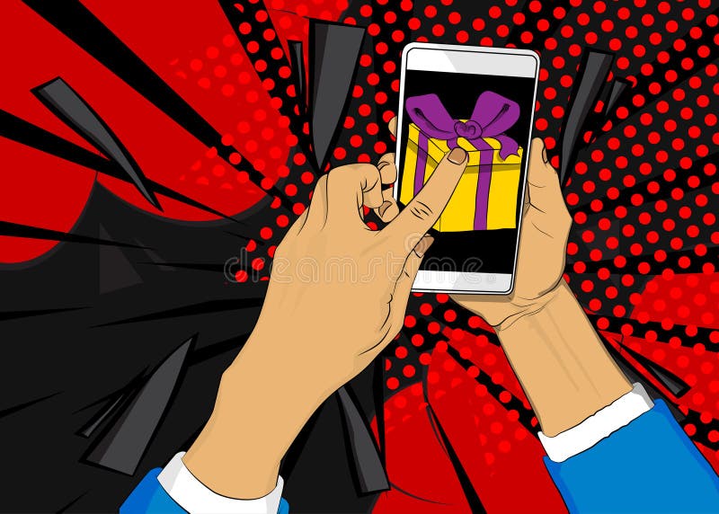 Cartoon Smartphone, Comic Book Telephone with Gift Box. Vector Comics ...