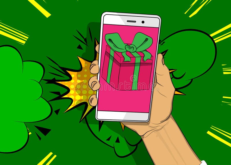 Cartoon Smartphone, Comic Book Telephone with Gift Box. Vector Comics ...