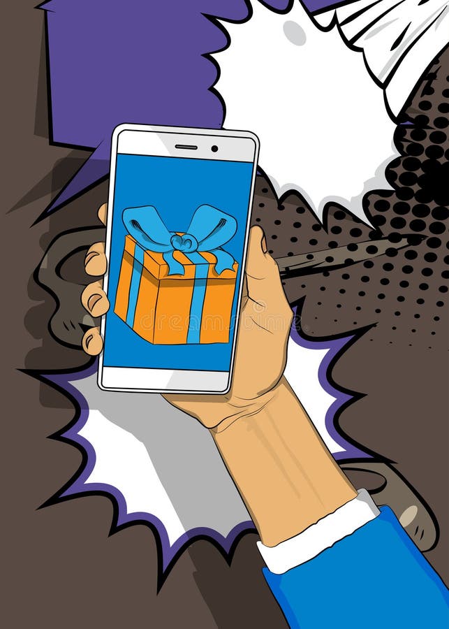 Cartoon Smartphone, Comic Book Telephone with Gift Box. Vector Comics ...