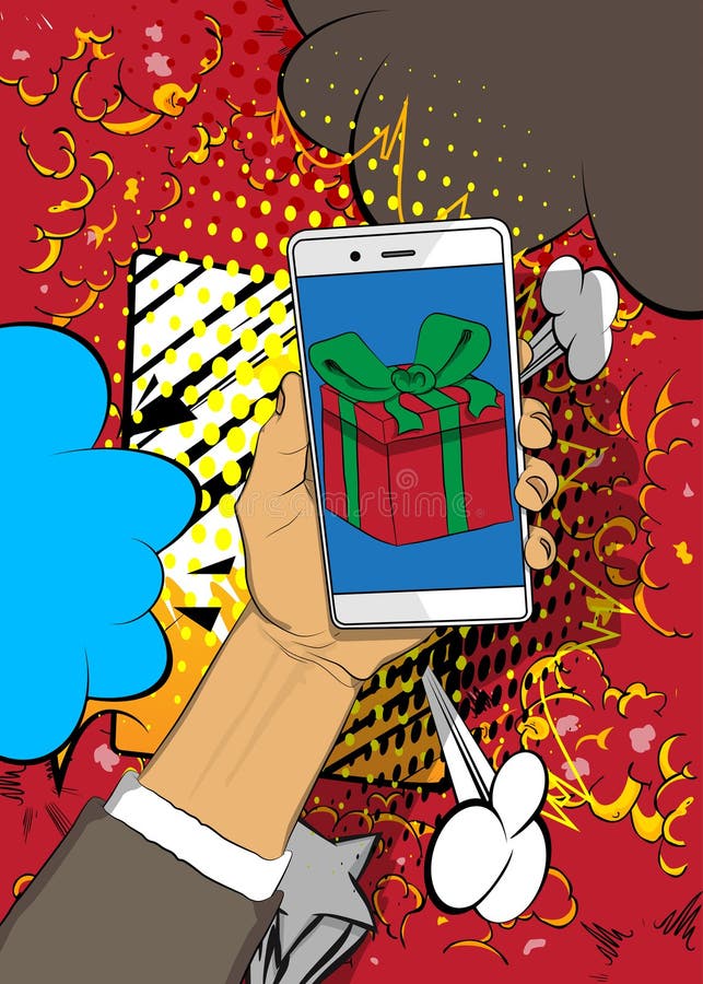Cartoon Smartphone, Comic Book Telephone with Gift Box. Vector Comics ...