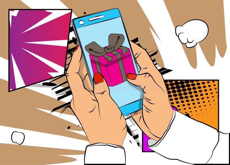 Cartoon Smartphone, Comic Book Telephone with Gift Box. Vector Comics ...