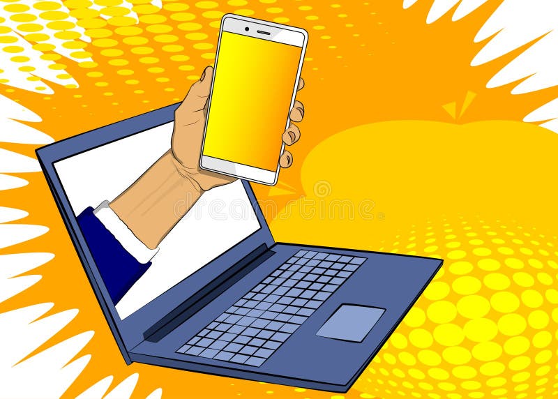 Cartoon Smartphone, Comic Book Telephone with Laptop. Vintage Vector ...