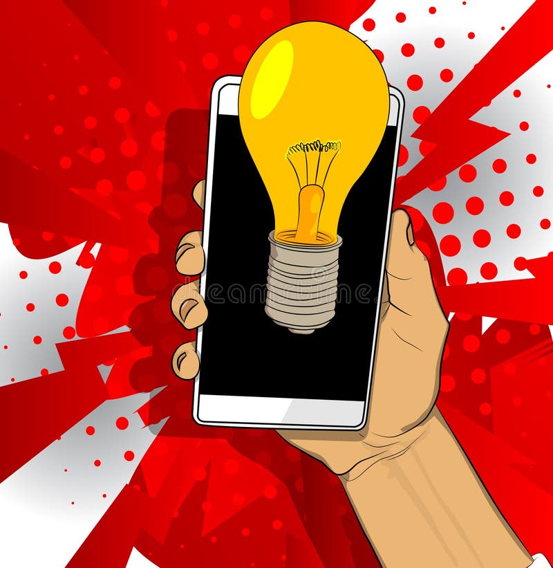 Cartoon Smartphone, Comic Book Telephone with Light Bulb. Retro Vector ...