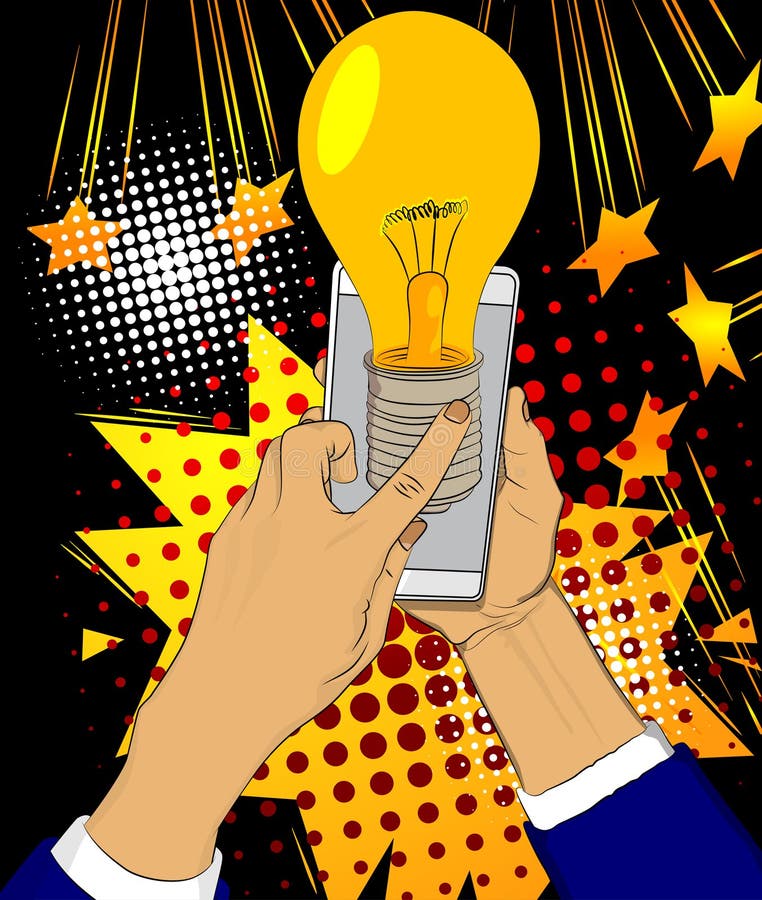 Cartoon Smartphone, Comic Book Telephone with Light Bulb. Retro Vector ...