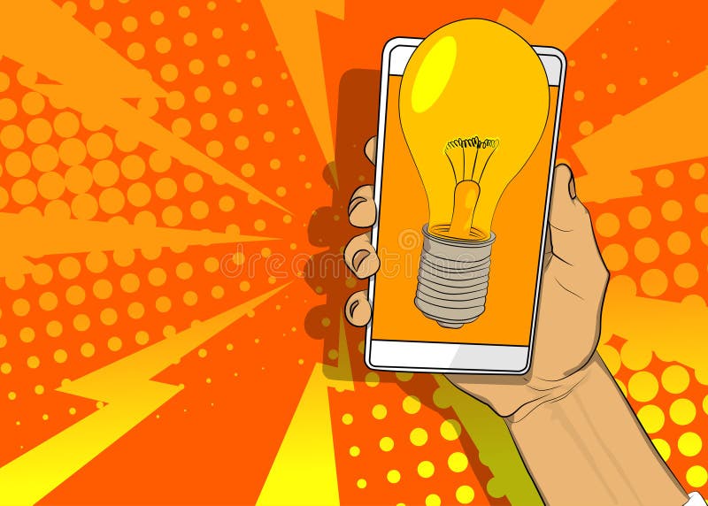 Cartoon Smartphone, Comic Book Telephone with Light Bulb. Retro Vector ...
