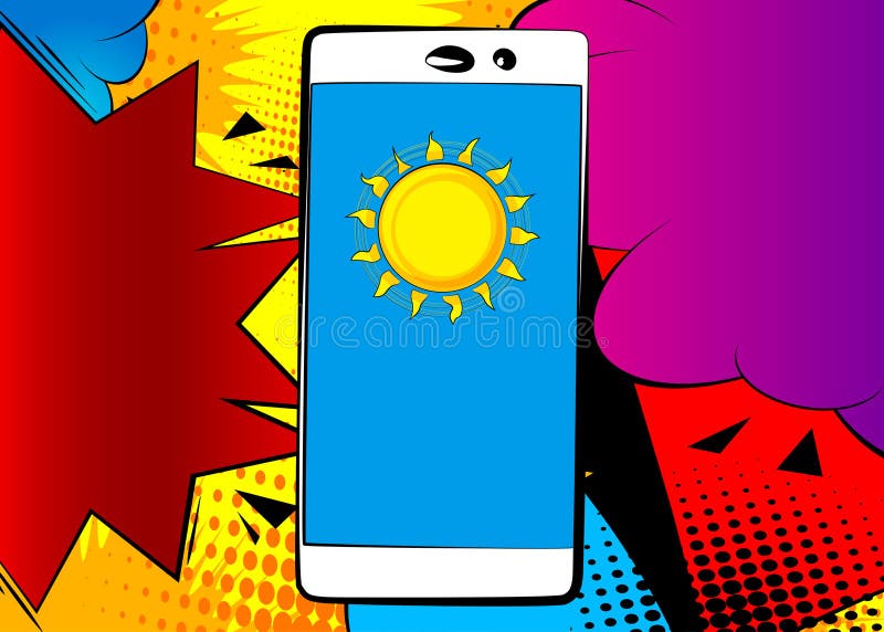 Cartoon Smartphone, Comic Book Telephone with Summer Sun. Retro Vector ...