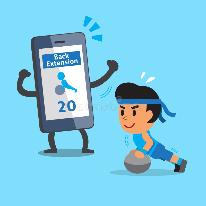 Cartoon Smartphone Helping a Man To Do Back Extension with Exercise ...