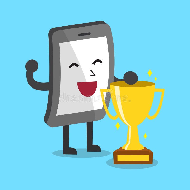 Cartoon Smartphone with Trophy Stock Vector - Illustration of smile ...