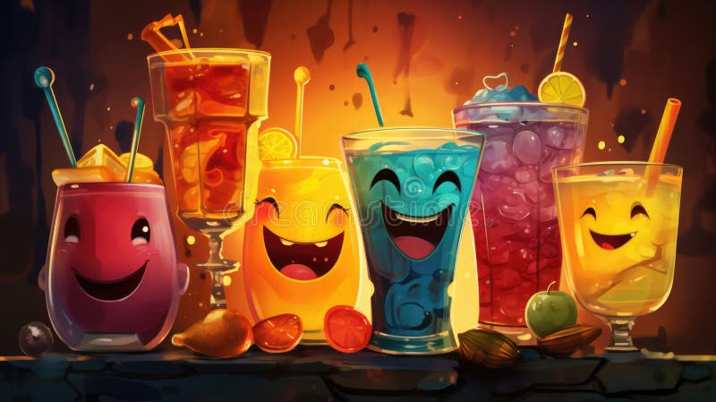 Cartoon Smiley Friends with Drinks Stock Illustration - Illustration of ...