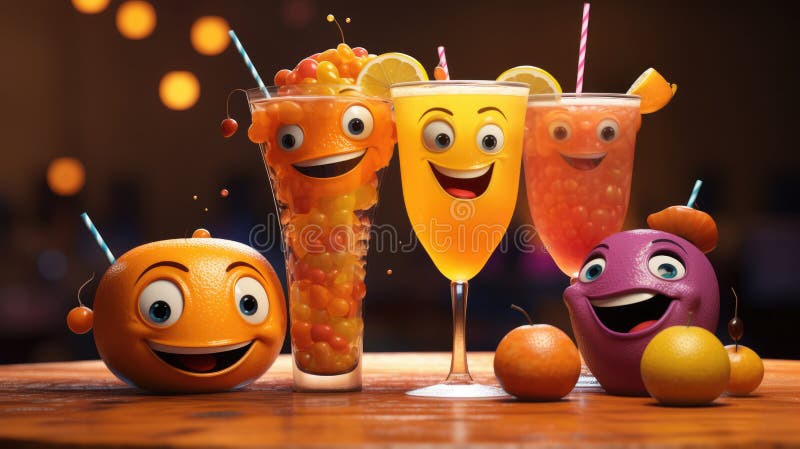 Cartoon Smiley Friends with Drinks Stock Illustration - Illustration of ...