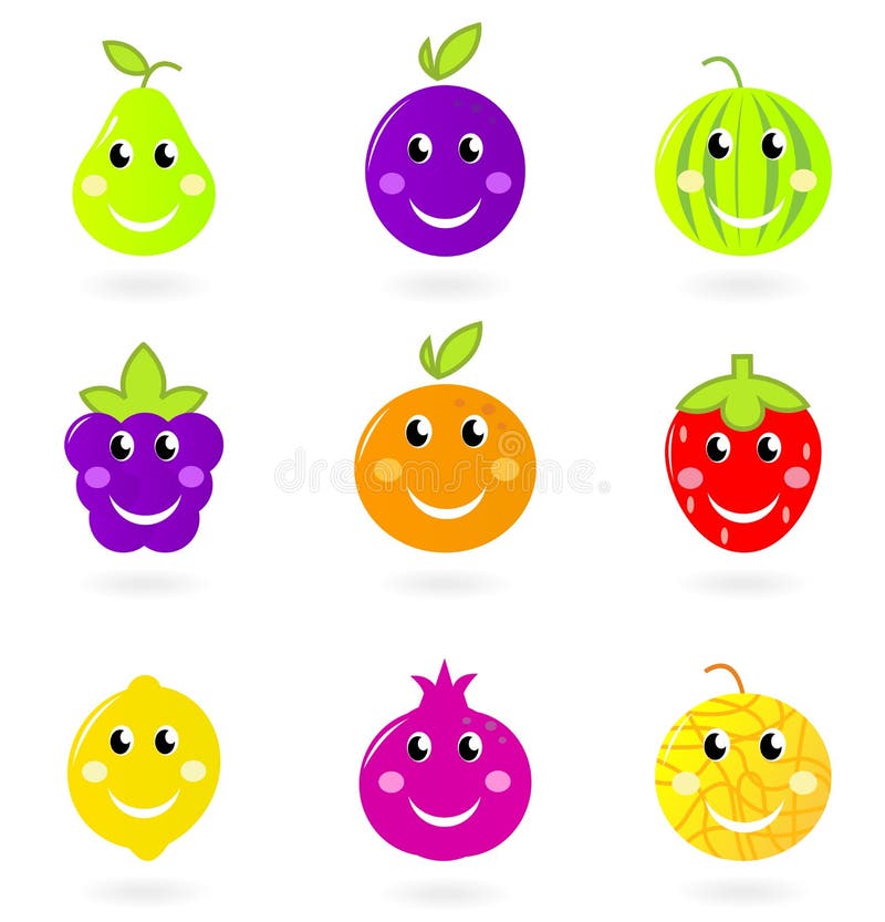 Cartoon Funny Fruits. Happy Apple Banana Raspberry Peach Pear ...