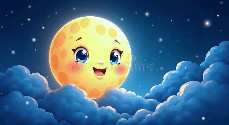 Cartoon of a Smiling Moon among Clouds and Stars. Stock Illustration ...