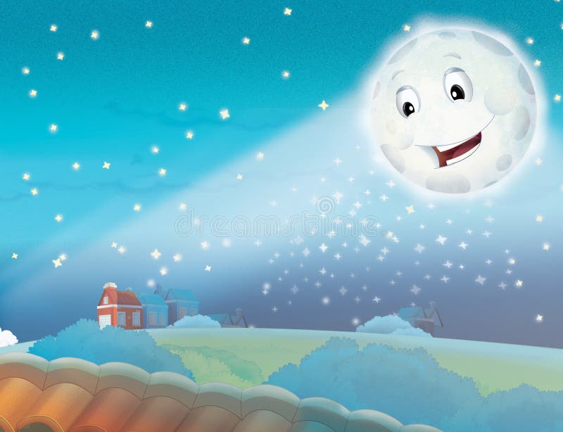 Cartoon Smiling Moon by the Night with the Stars Stock Illustration ...