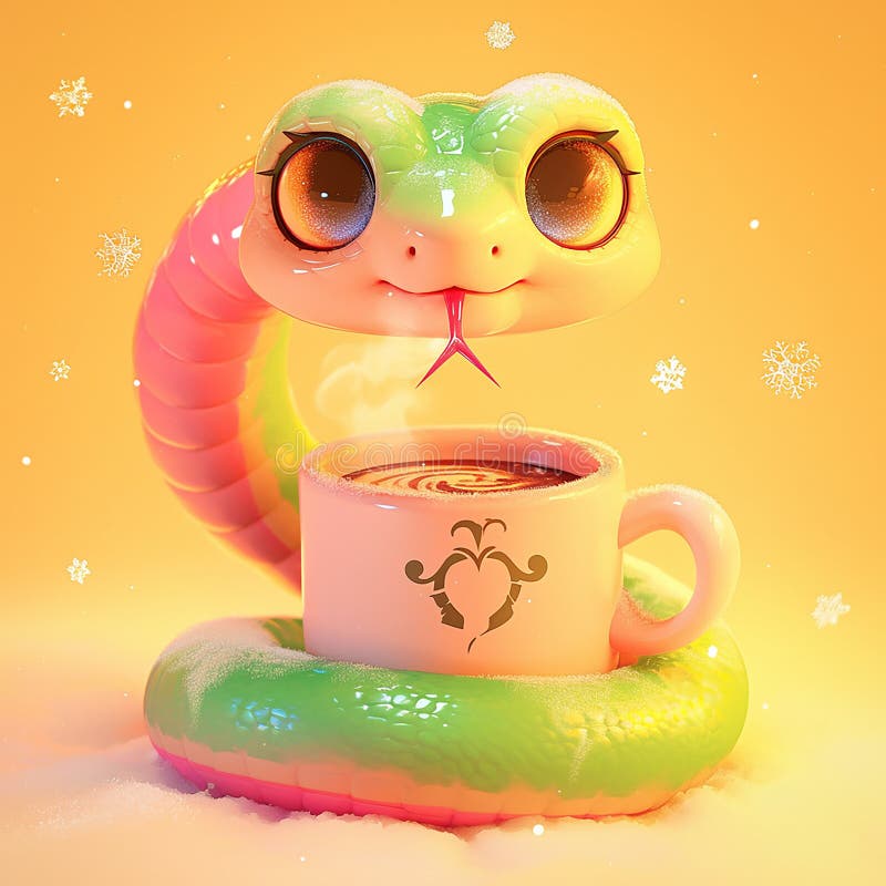 3D 2025 Cartoon Snake is Sitting on a Cup of Coffee. the Cup Has a ...