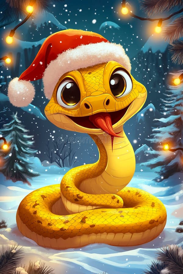 A Cartoon Snake Wearing a Santa Hat in the Snow Stock Illustration ...