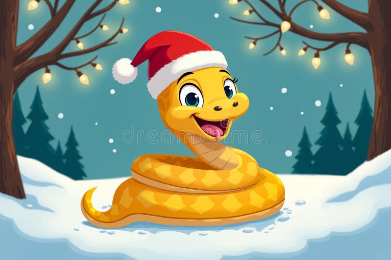 A Cartoon Snake Wearing a Santa Hat in the Snow Stock Illustration ...